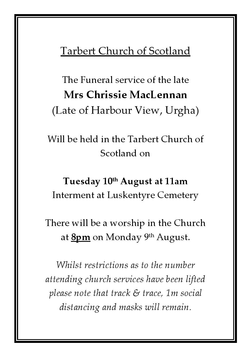 Funeral Notice – Mrs Chrissie MacLennan – Urgha | Tarbert Church of ...