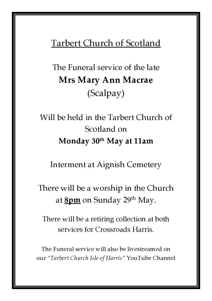 Funeral Notice Mrs Mary Ann MacRae | Tarbert Church of Scotland