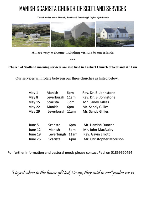 Forthcoming rota of services at Manish Scarista | Tarbert Church of ...