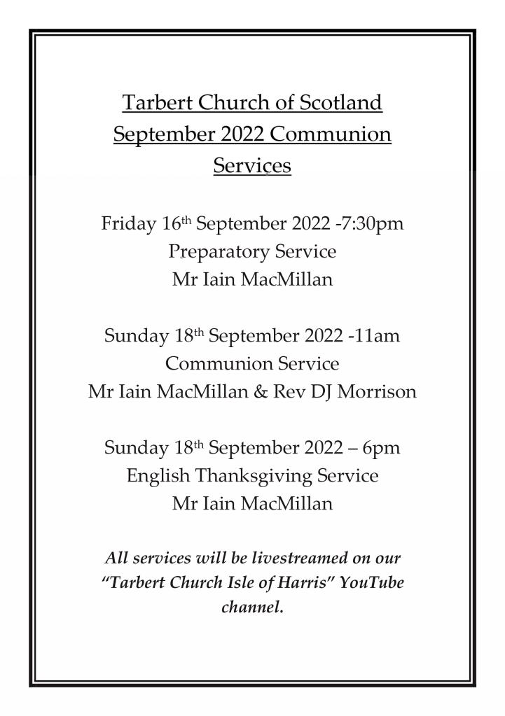Communion Services September 2022 | Tarbert Church of Scotland